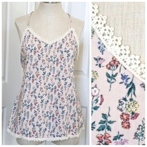 GANJI | Tops | Camisole Top Crochet Detail Pink Blue Green Floral ...